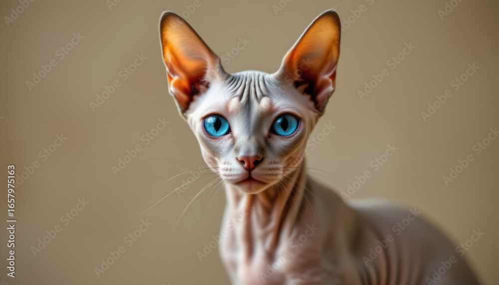 create a portrait of a sphynx cat, a hairless breed known for its large ...