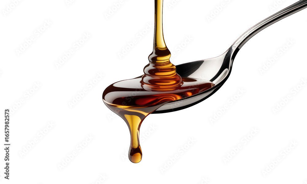 Dripping syrup forms liquid layers on a silver spoon, black backdrop の ...