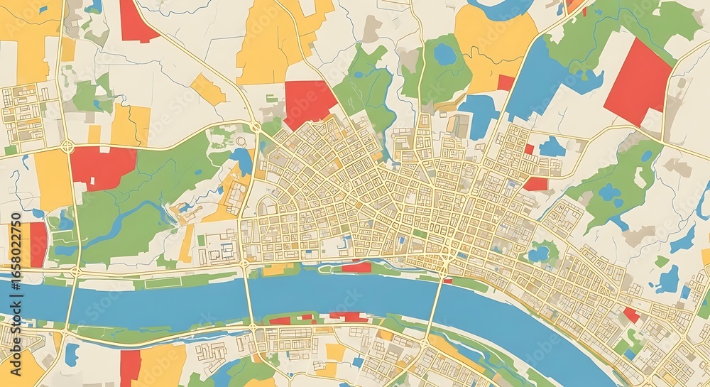 Dynamic abstract city plan illustration, highlighting a central river ...