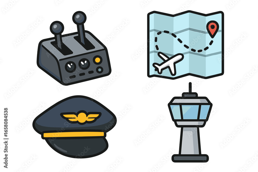 เวกเตอร์ Stock Aviation icon set. Vector cartoon collection with pilot ...