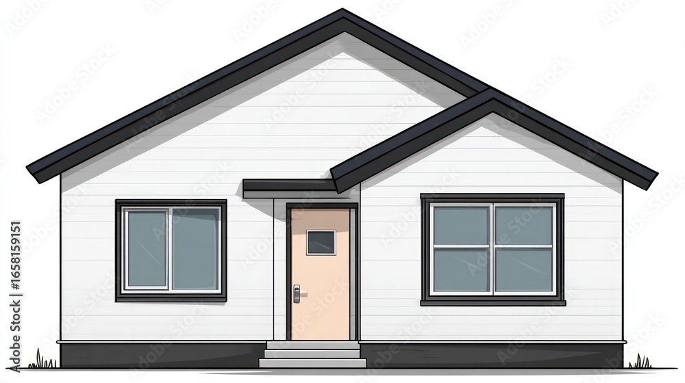 Simple, single-story house with white siding, dark trim, and peach door ...