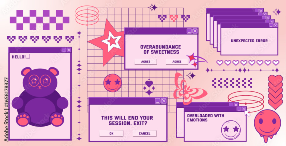 Vector de Stock Retro internet y2k aesthetic with purple popup windows ...