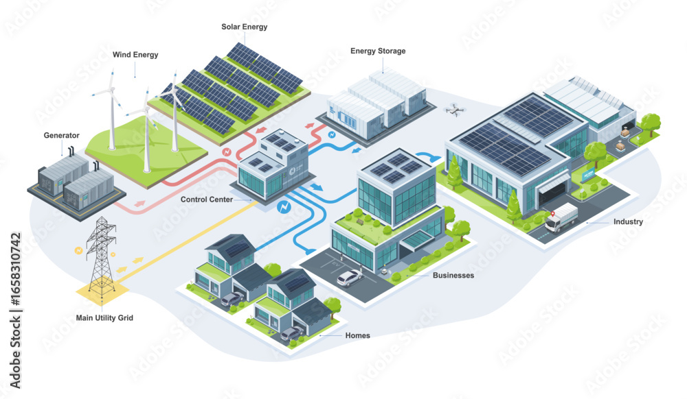 Isometric illustration of a modern clean energy microgrid diagram with ...