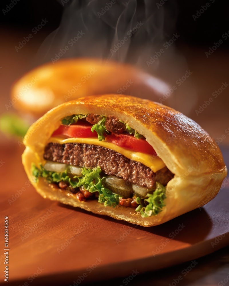 Foto Professional food photo of a sliced UFO burger with juicy beef ...