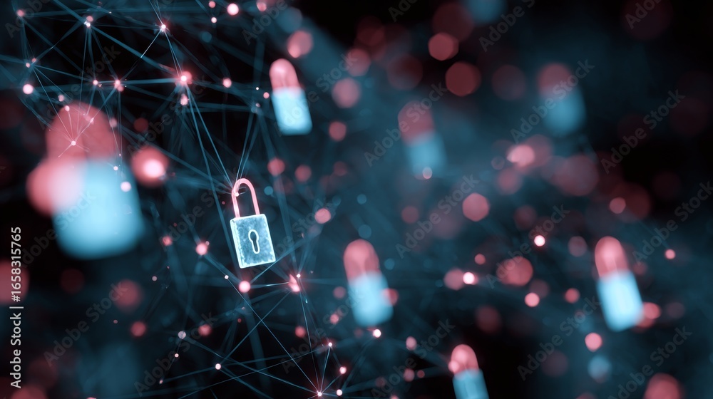 Cybersecurity concept with digital padlocks and futuristic network protection on a glowing blue ...
