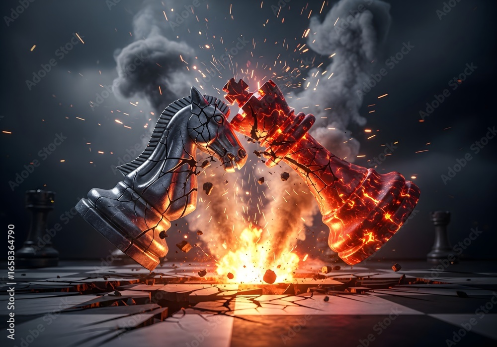 Stock-Illustration „Dramatic chess game showing a fiery king clashing ...