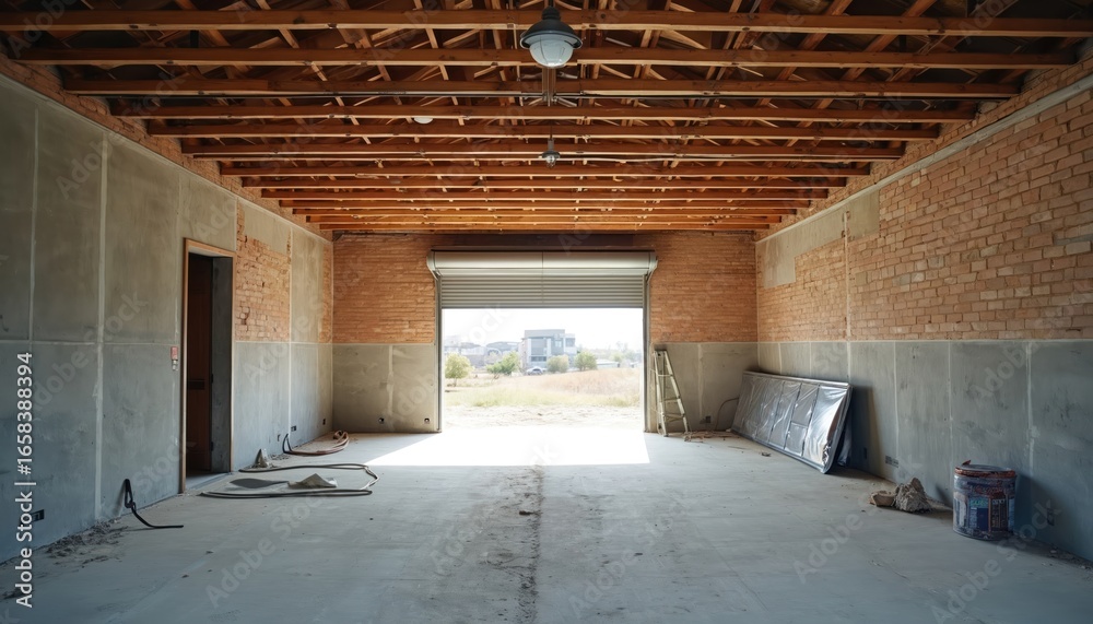 Interior of large two-car garage undergoing construction, renovation ...