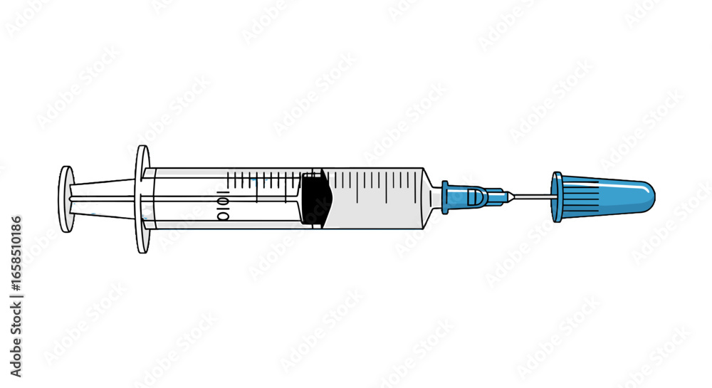 Illustration of a syringe with a blue cap, needle, and plunger, used ...