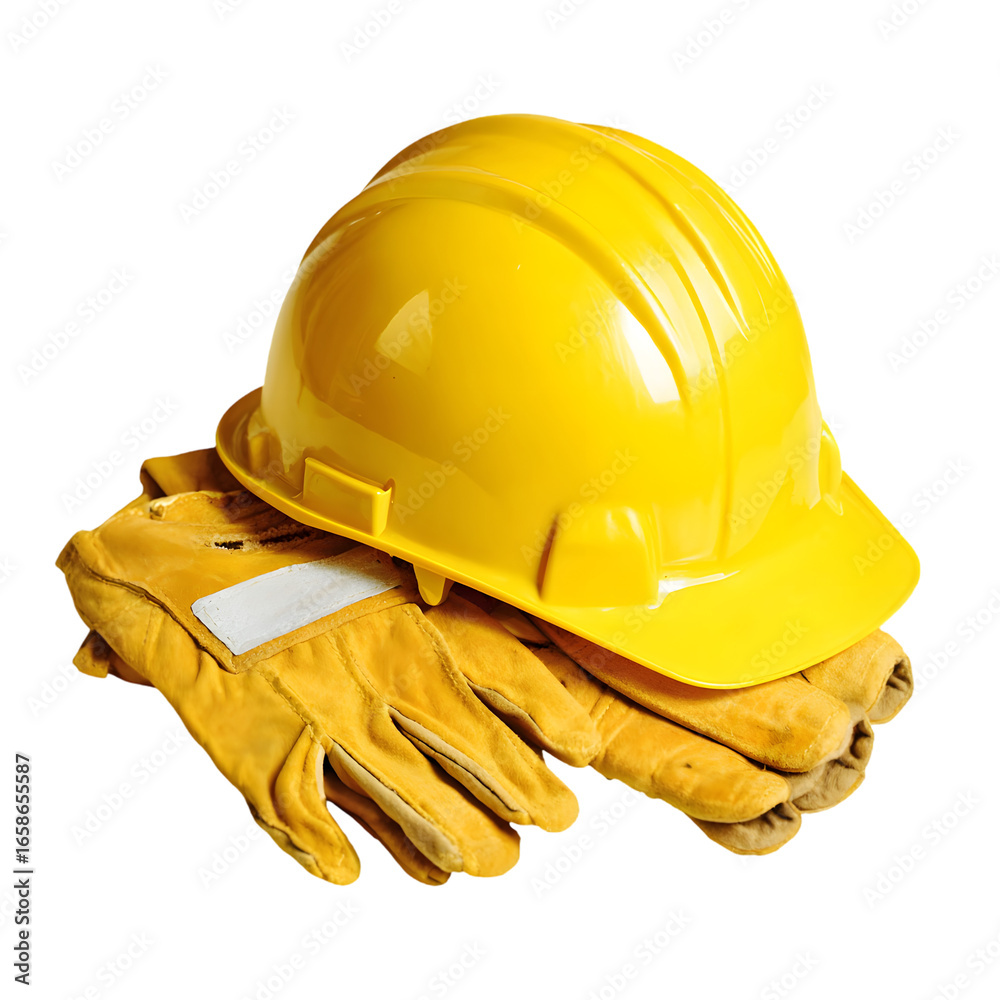 Yellow hard hat and work gloves isolated on transparent background ...
