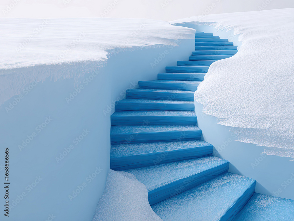 Ice staircase leading into deep blue icy cave in a snowy, cold ...