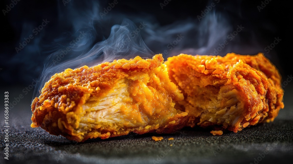 Fried chicken piece cut in half, steam billowing from the juicy ...
