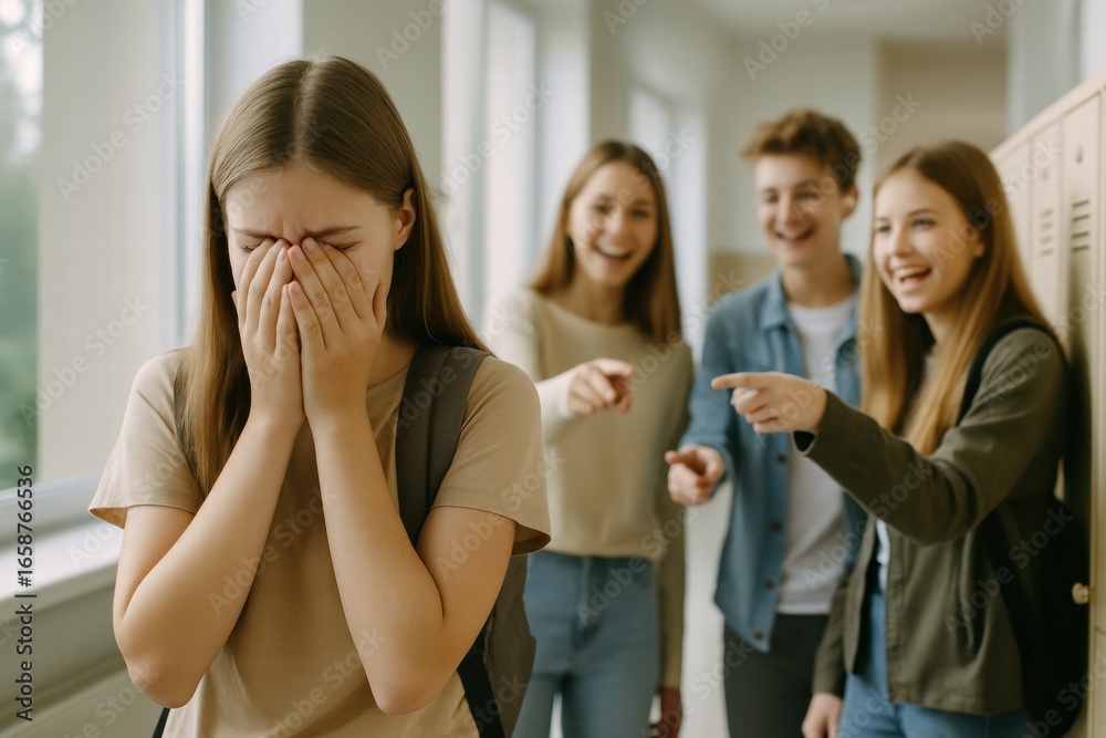 A Scene of School Bullying: A Young Girl in Distress While Peers Laugh ...