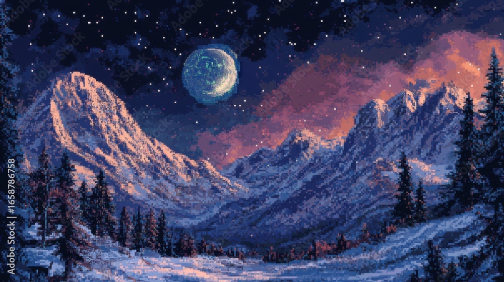 Stock-Illustration „northern lights form a 2025 in the winter lapland sky, 16-bit pixel art ...