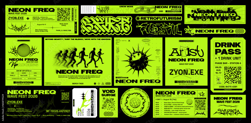 Y2K-style retrofuturistic event tickets and labels. Branding for events ...