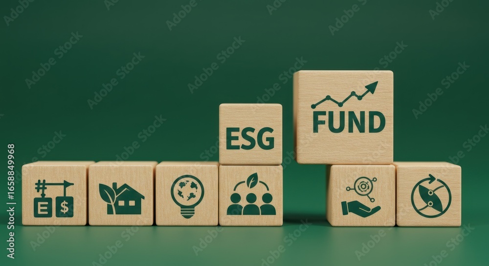 Wooden blocks display ESG symbols and the word FUND with a rising graph ...