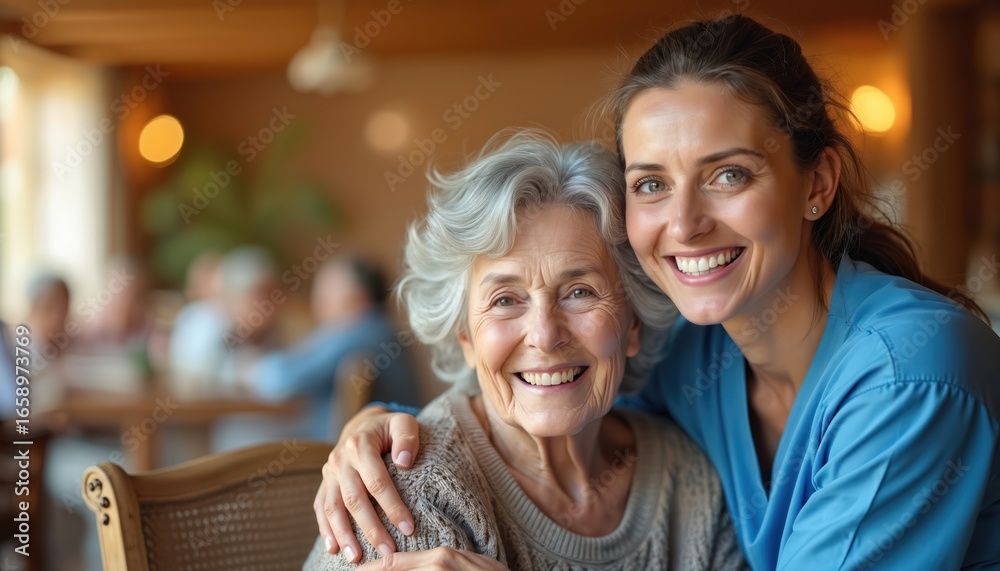 Senior woman and caregiver smile warmly in assisted living facility ...