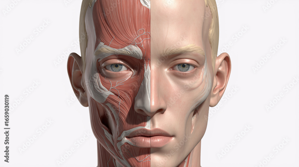 A realistic mask-style view of the face layers, showing muscles, nerves ...