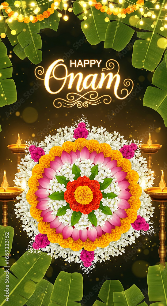 Happy Onam vector illustration with traditional Pookalam floral ...