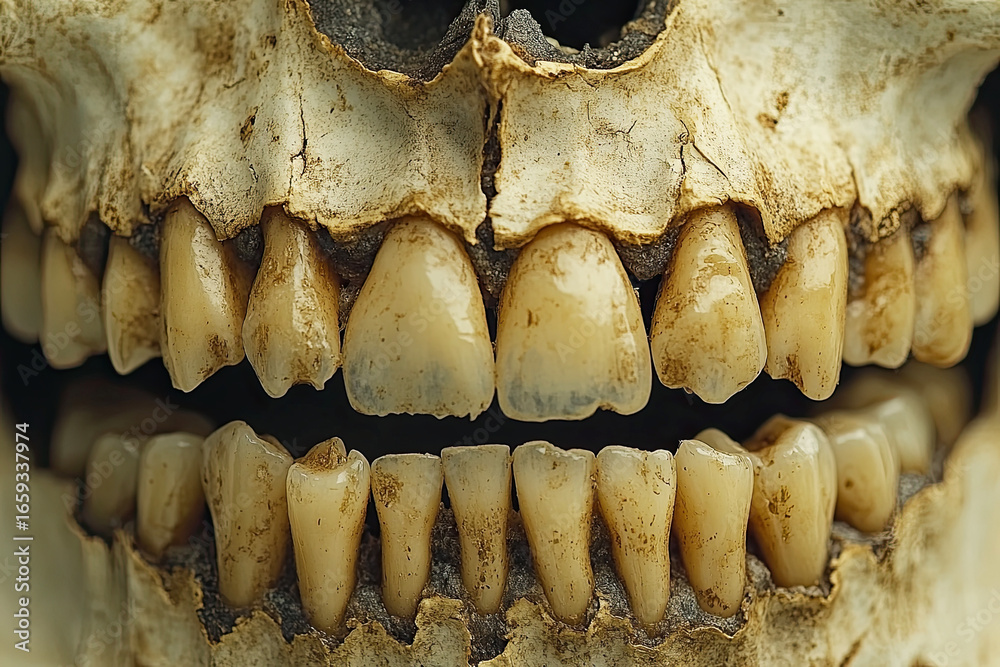A close-up view of a human skull's teeth, showcasing the dental ...