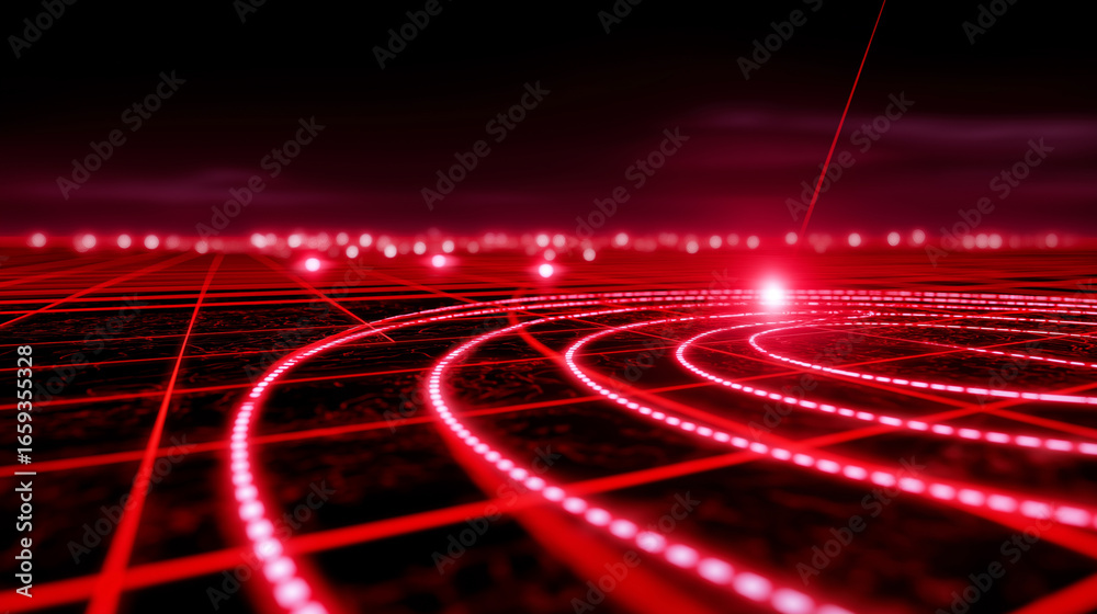 Futuristic red digital radar screen with circular interface and ...