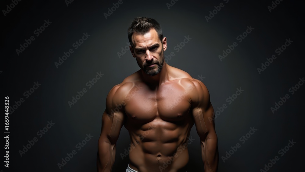 Powerful physique of a muscular man, showcased in a dramatic shot ...