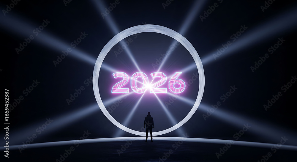 Photo Stock Futuristic glowing circle portal entrance with '2026 ...