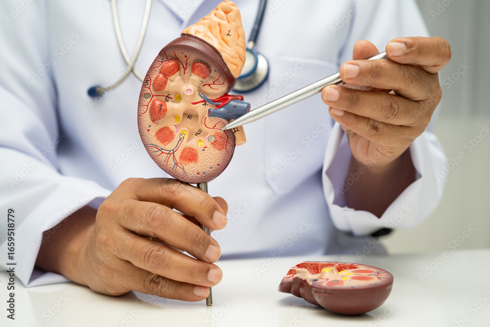 Chronic kidney disease, doctor with model for treatment urinary system ...