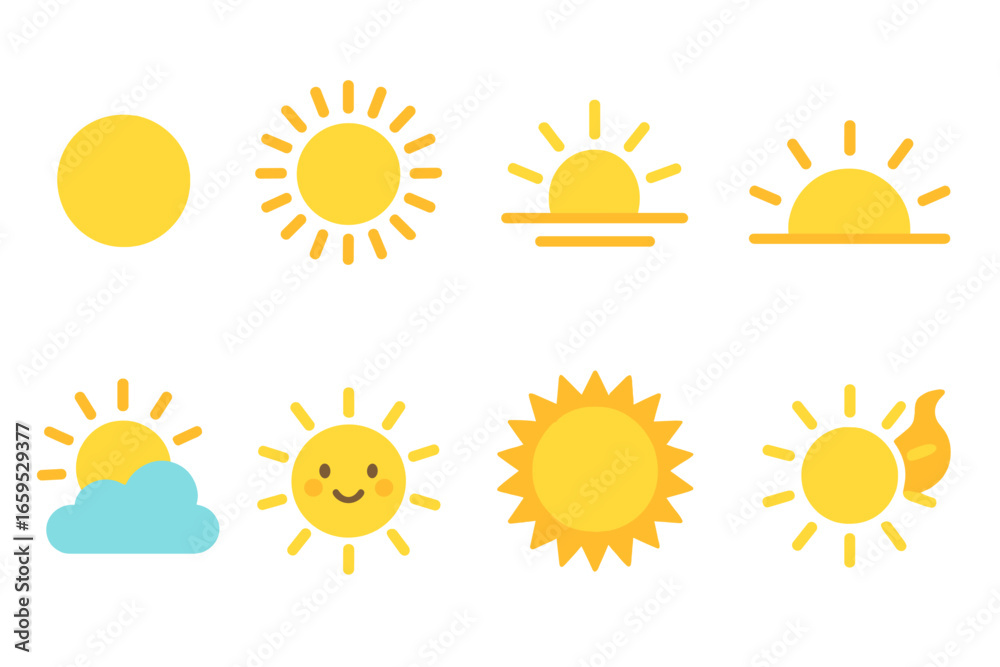Playful Sun Icons. Flat vector mini-illustrations sun symbols in colors ...