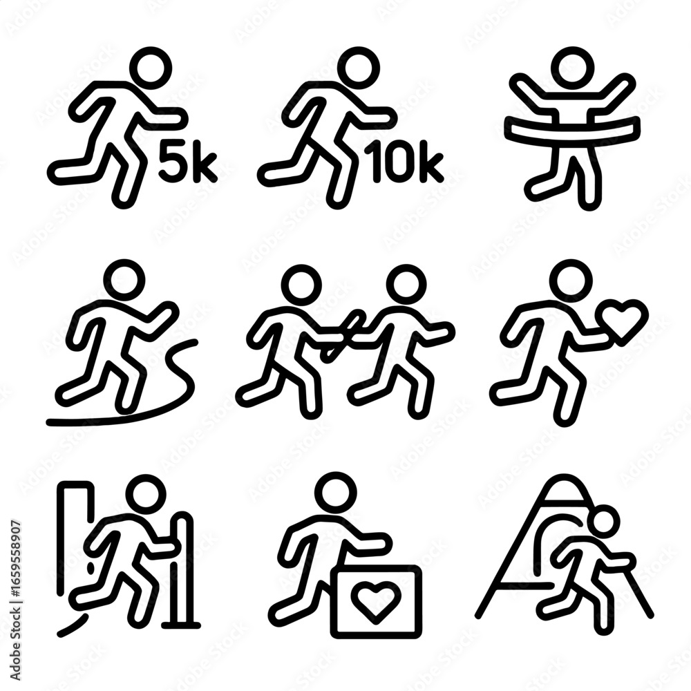 Running Event Icons. Outline icon set of running events: 5k race, 10k ...