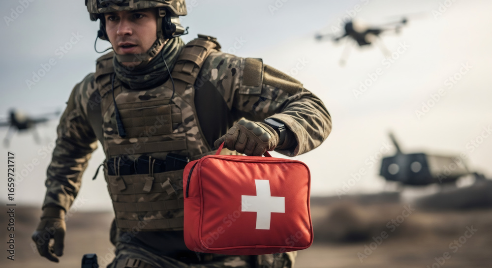 Photo Stock Soldier running on battlefield in military uniform carrying ...