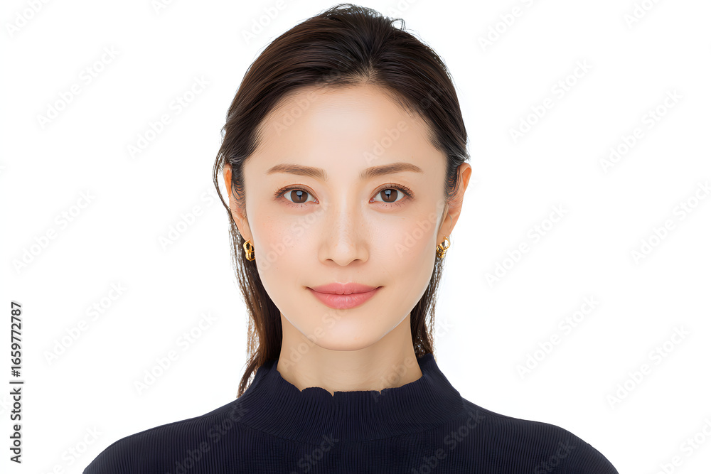 ID photo or passport photo of a young Japanese woman, front portrait ...