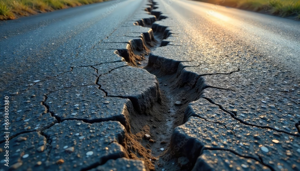 Cracked asphalt road after a powerful earthquake, revealing fractured ...
