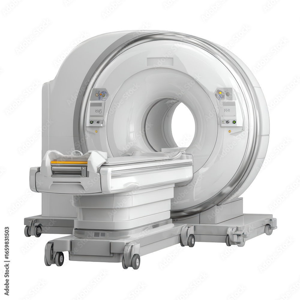 Medical scanner MRI machine. White device with a patient table and ...