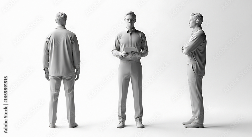 Three male figures in casual attire displayed from multiple angles ...