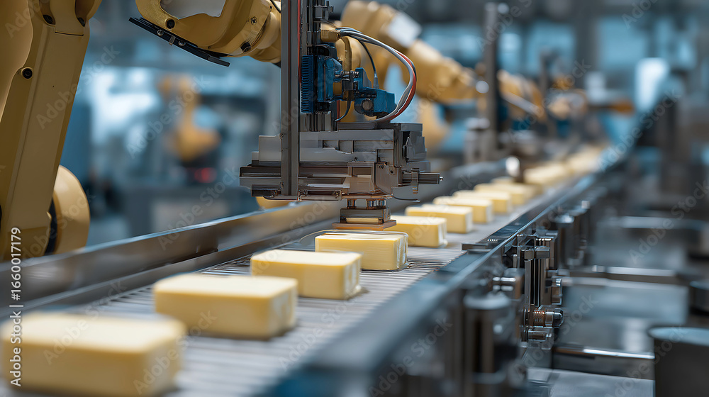 A robotic arms on the supply chain conveyor belt packing butter bars ...