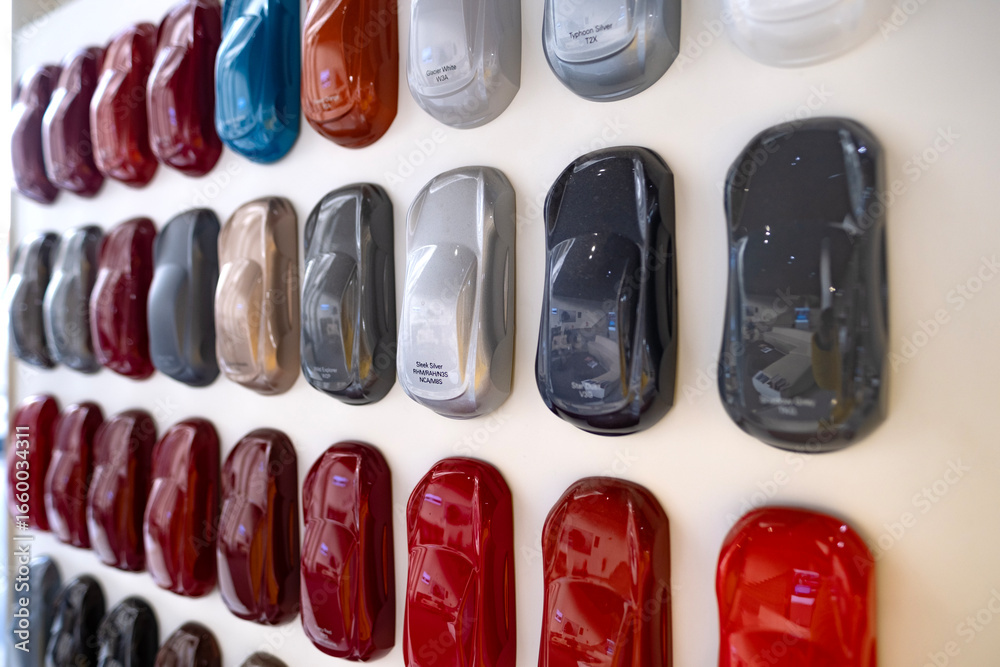 Car paint color samples with matte and glossy textures for multiple ...