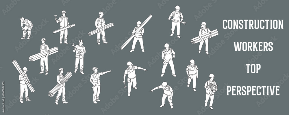 Architectural Drawings construction workers in various poses, viewed ...