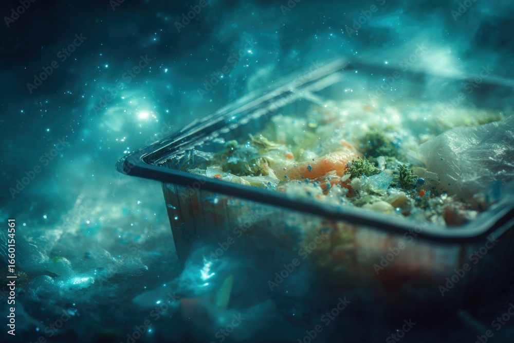Conceptual image showing plastic pollution leaking into open food ...
