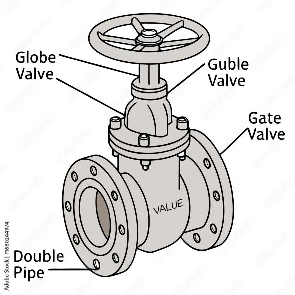 Vetor Diagram of a flanged industrial valve with labels pointing to ...