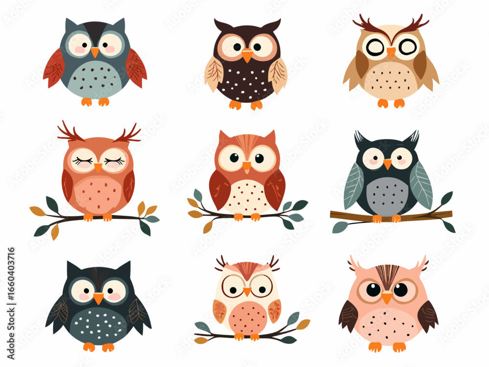 Vector cartoon illustration of owl character with different poses and ...