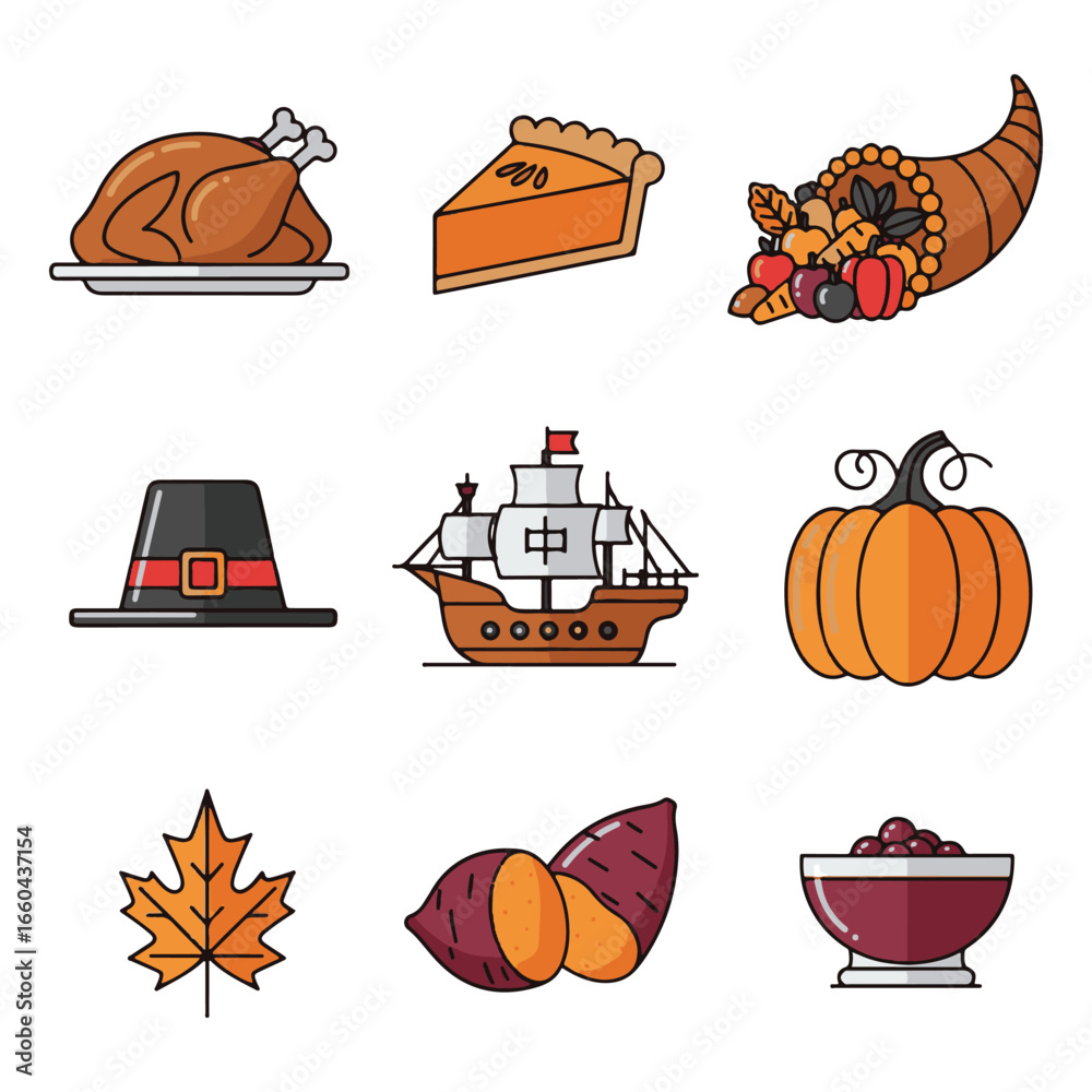 Image vectorielle Stock Thanksgiving icons: roasted turkey, pumpkin pie ...