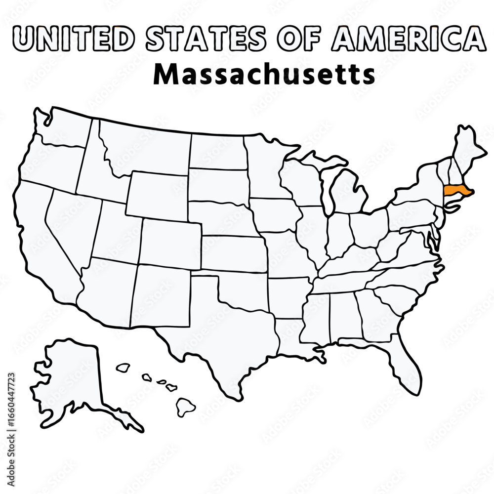 Massachusetts state highlighted map on United States of America map ...