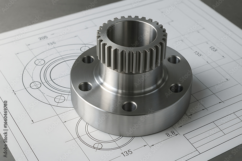 Precision steel gear flange component on technical drawing, machined ...