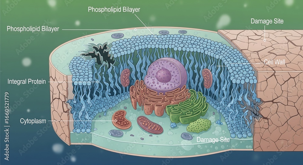 Scientific illustration of a damaged eukaryotic cell, showing a cross ...