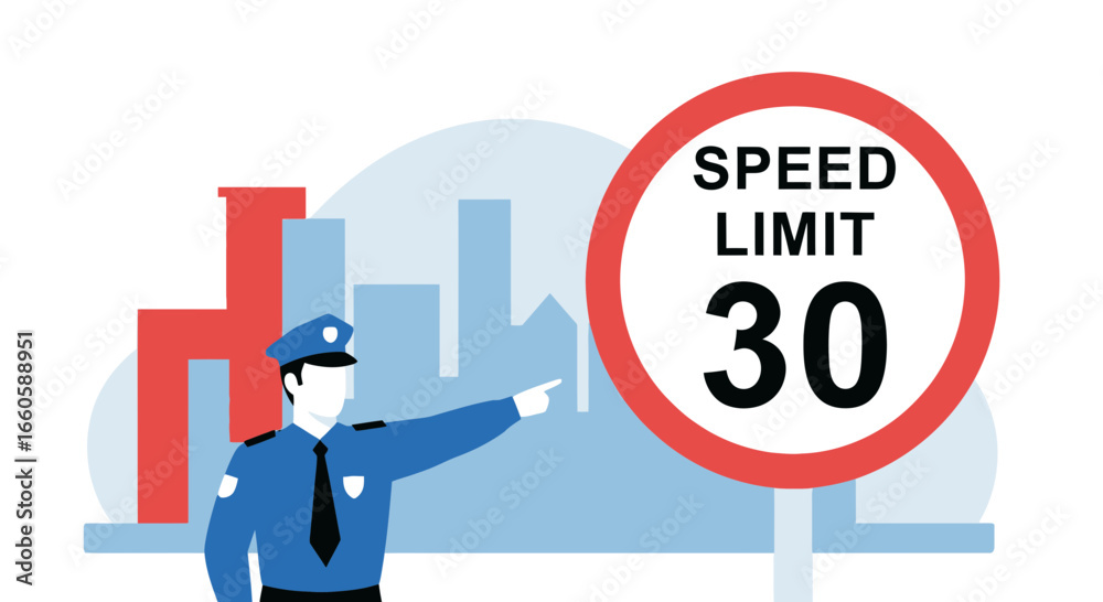 Enforcing The Speed Limit Illustration With Police Officer In The ...