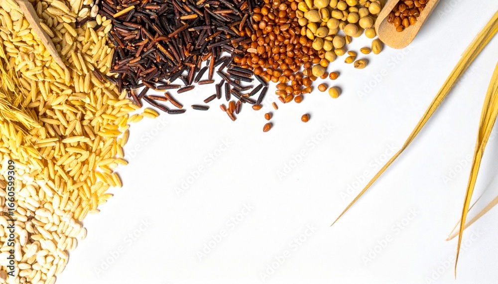 Indigenous crops and native grains isolated on white background with ...
