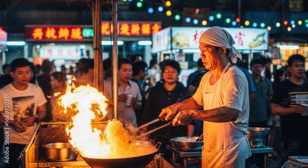 Asian Street Food Chef Stir-Frying Noodles with Wok Flames at a Lively ...