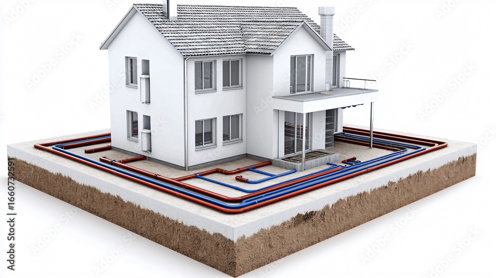 Realistic geothermal heating and cooling system cutaway, underground ...