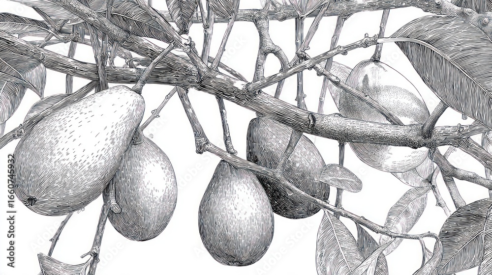 Realistic grayscale drawing of avocados hanging from a branch with ...