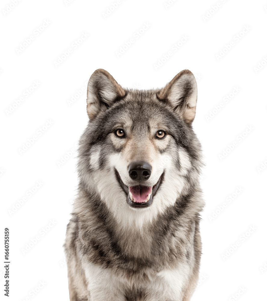 Cheerful wolf facing forward in a half-body animal portrait with a ...